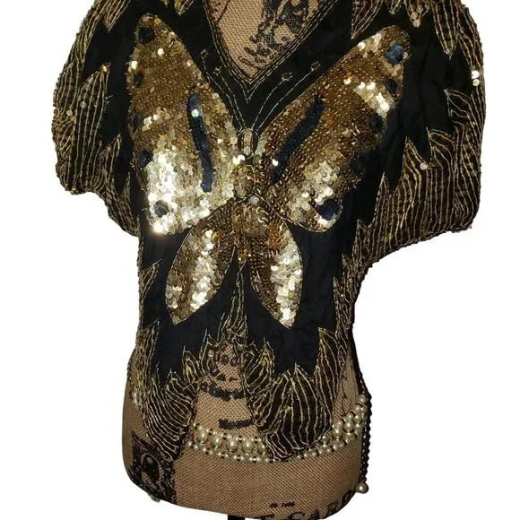 Valachi | Tops | Valachi Vtg 98s Gold Black Sequins Butterfly Top Pure ...